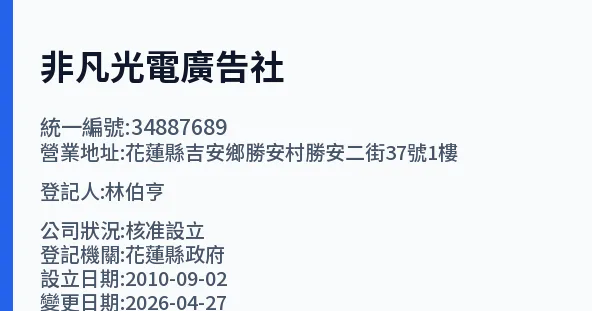 非凡光電廣告社的照片-統編 34887689(花蓮縣) 公司登記資料與營業項目詳細圖表