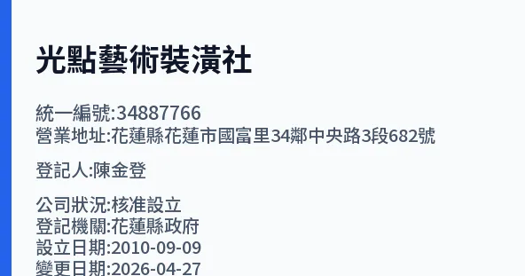 光點藝術裝潢社的照片-統編 34887766(花蓮縣) 公司登記資料與營業項目詳細圖表