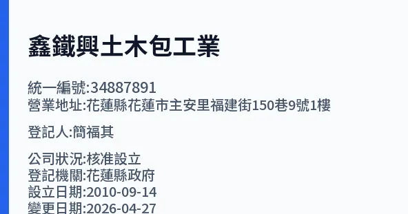 鑫鐵興土木包工業的照片-統編 34887891(花蓮縣) 公司登記資料與營業項目詳細圖表