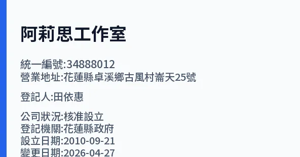 阿莉思工作室的照片-統編 34888012(花蓮縣) 公司登記資料與營業項目詳細圖表