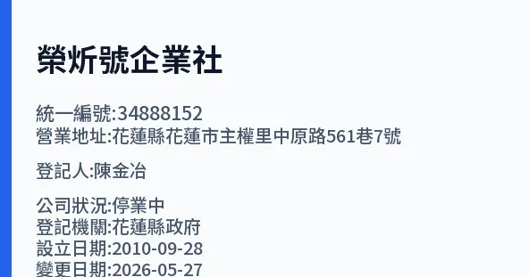 榮炘號企業社的照片-統編 34888152(花蓮縣) 公司登記資料與營業項目詳細圖表