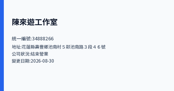 陳來遊工作室的照片-統編 34888266(花蓮縣) 公司登記資料與營業項目詳細圖表