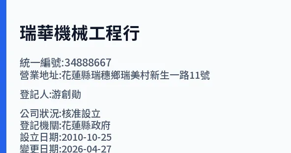 瑞華機械工程行的照片-統編 34888667(花蓮縣) 公司登記資料與營業項目詳細圖表