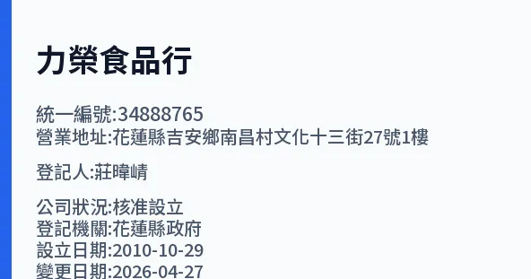 力榮食品行的照片-統編 34888765(花蓮縣) 公司登記資料與營業項目詳細圖表