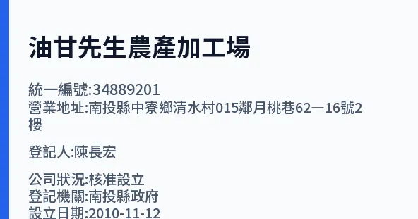 油甘先生農產加工場的照片-統編 34889201(南投縣) 公司登記資料與營業項目詳細圖表