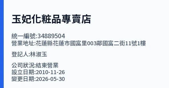 玉妃化粧品專賣店的照片-統編 34889504(花蓮縣) 公司登記資料與營業項目詳細圖表