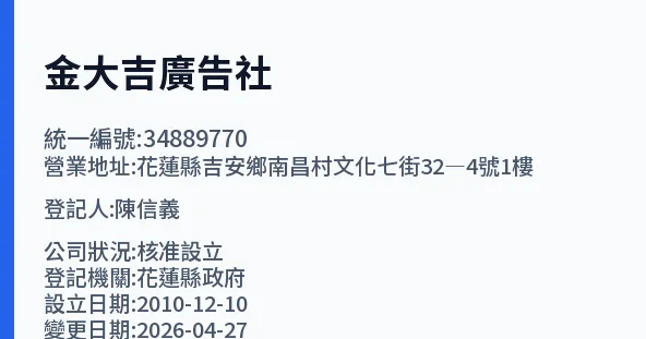 金大吉廣告社的照片-統編 34889770(花蓮縣) 公司登記資料與營業項目詳細圖表
