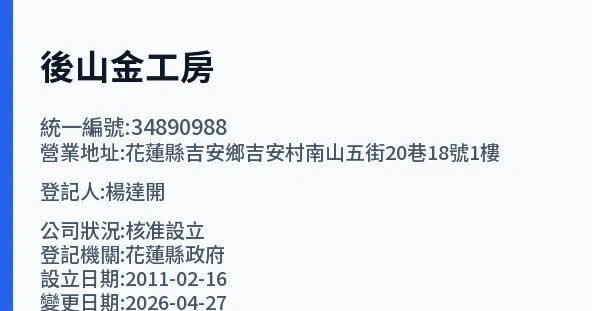 後山金工房的照片-統編 34890988(花蓮縣) 公司登記資料與營業項目詳細圖表