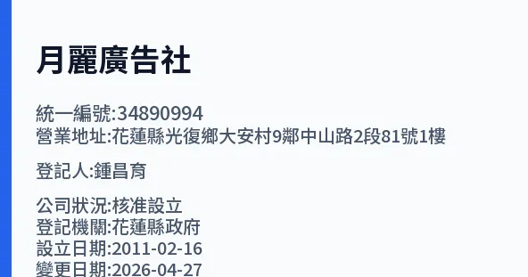 月麗廣告社的照片-統編 34890994(花蓮縣) 公司登記資料與營業項目詳細圖表
