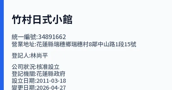 竹村日式小館的照片-統編 34891662(花蓮縣) 公司登記資料與營業項目詳細圖表