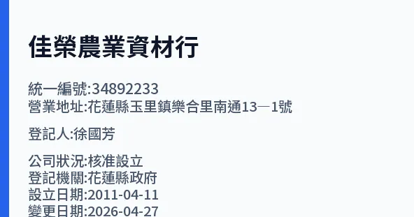 佳榮農業資材行的照片-統編 34892233(花蓮縣) 公司登記資料與營業項目詳細圖表