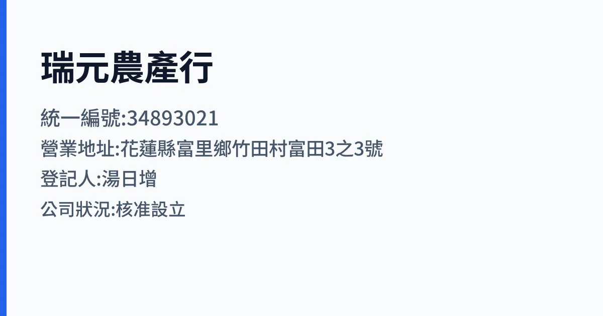 瑞元農產行 - 統編 34893021(花蓮縣) 公司登記資料與營業項目詳細圖表