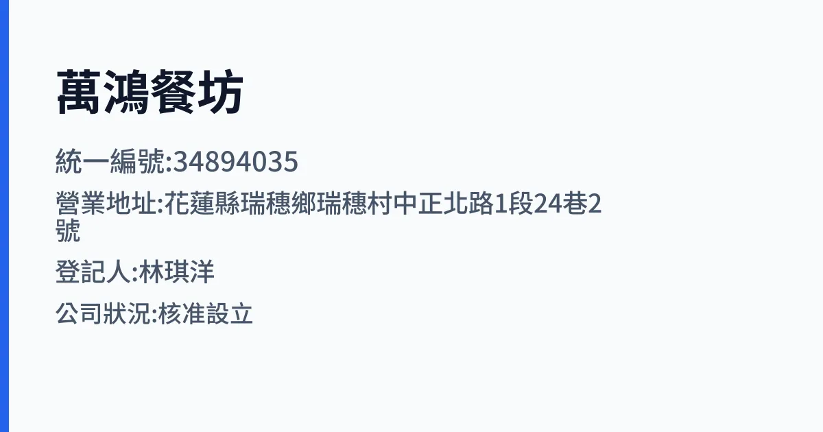 萬鴻餐坊 - 統編 34894035(花蓮縣) 公司登記資料與營業項目詳細圖表