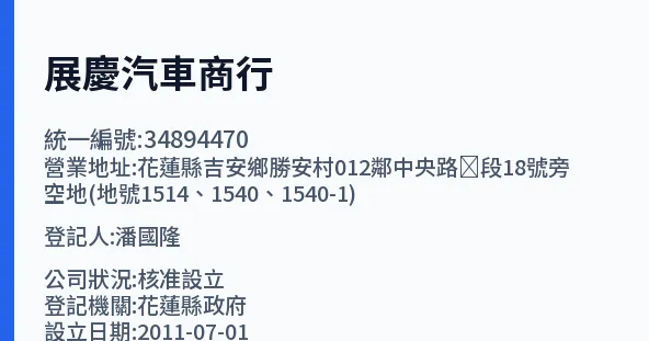 展慶汽車商行的照片-統編 34894470(花蓮縣) 公司登記資料與營業項目詳細圖表