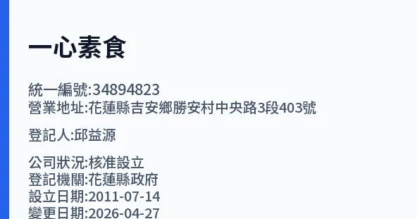 一心素食的照片-統編 34894823(花蓮縣) 公司登記資料與營業項目詳細圖表