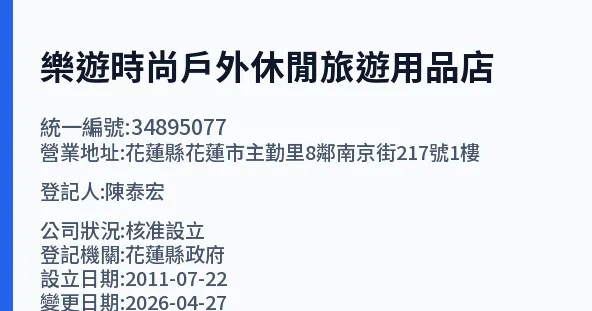 樂遊時尚戶外休閒旅遊用品店的照片-統編 34895077(花蓮縣) 公司登記資料與營業項目詳細圖表