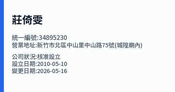 莊倚雯的照片-統編 34895230(新竹市) 公司登記資料與營業項目詳細圖表