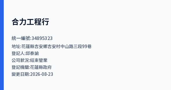 合力工程行的照片-統編 34895323(花蓮縣) 公司登記資料與營業項目詳細圖表