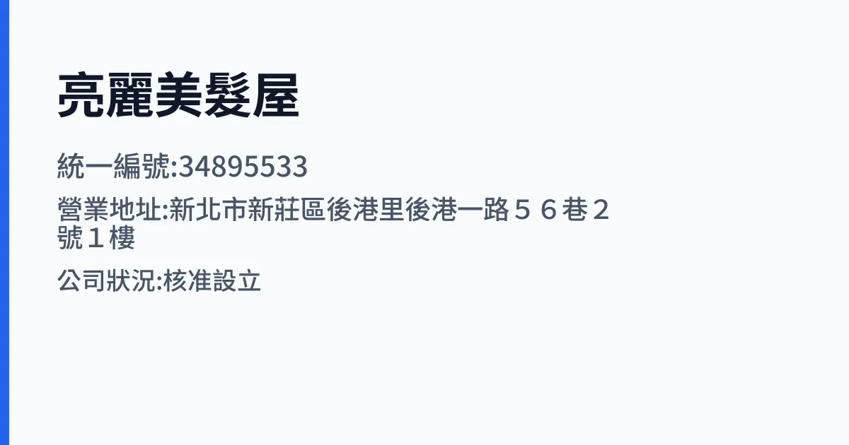 亮麗美髮屋 - 統編 34895533(新北市) 公司登記資料與營業項目詳細圖表