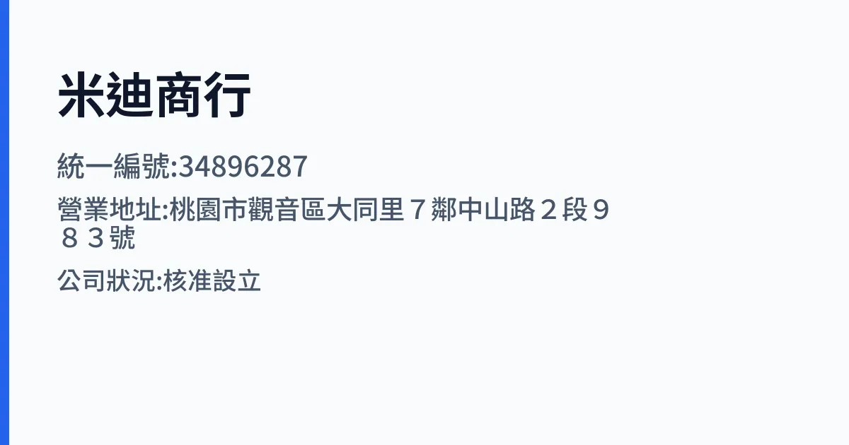 米迪商行 - 統編 34896287(桃園市) 公司登記資料與營業項目詳細圖表