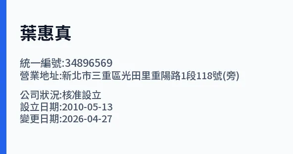 葉惠真的照片-統編 34896569(新北市) 公司登記資料與營業項目詳細圖表