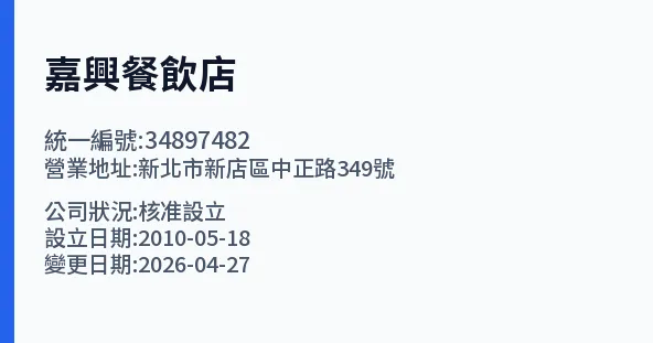 嘉興餐飲店的照片-統編 34897482(新北市) 公司登記資料與營業項目詳細圖表