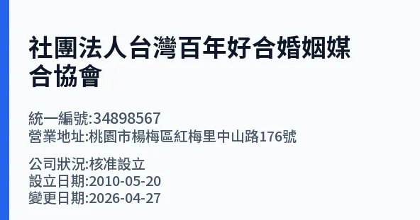 社團法人台灣百年好合婚姻媒合協會的照片-統編 34898567(桃園市) 公司登記資料與營業項目詳細圖表