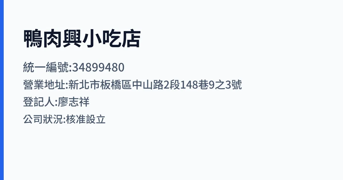 鴨肉興小吃店 - 統編 34899480(新北市) 公司登記資料與營業項目詳細圖表