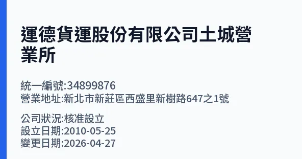 運德貨運股份有限公司土城營業所的照片-統編 34899876(新北市) 公司登記資料與營業項目詳細圖表