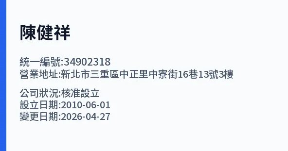 陳健祥的照片-統編 34902318(新北市) 公司登記資料與營業項目詳細圖表