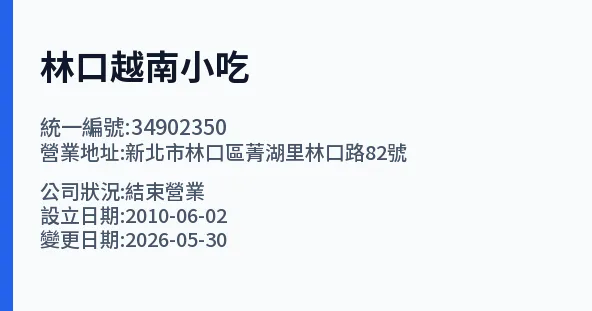 林口越南小吃的照片-統編 34902350(新北市) 公司登記資料與營業項目詳細圖表
