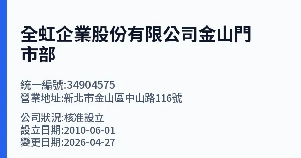全虹企業股份有限公司金山門市部的照片-統編 34904575(新北市) 公司登記資料與營業項目詳細圖表