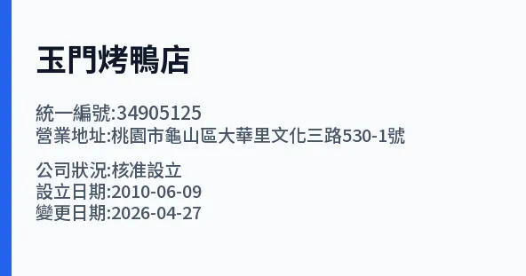 玉門烤鴨店的照片-統編 34905125(桃園市) 公司登記資料與營業項目詳細圖表