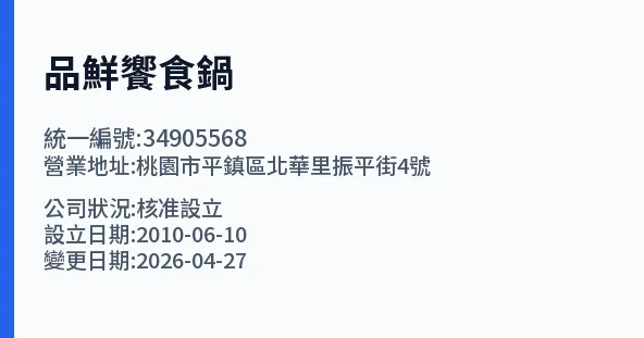 品鮮饗食鍋的照片-統編 34905568(桃園市) 公司登記資料與營業項目詳細圖表