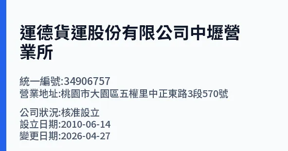 運德貨運股份有限公司中壢營業所的照片-統編 34906757(桃園市) 公司登記資料與營業項目詳細圖表