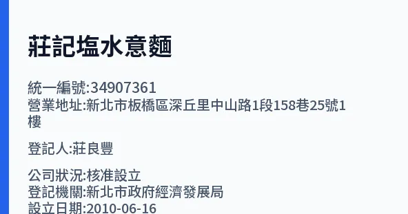 莊記塩水意麵的照片-統編 34907361(新北市) 公司登記資料與營業項目詳細圖表