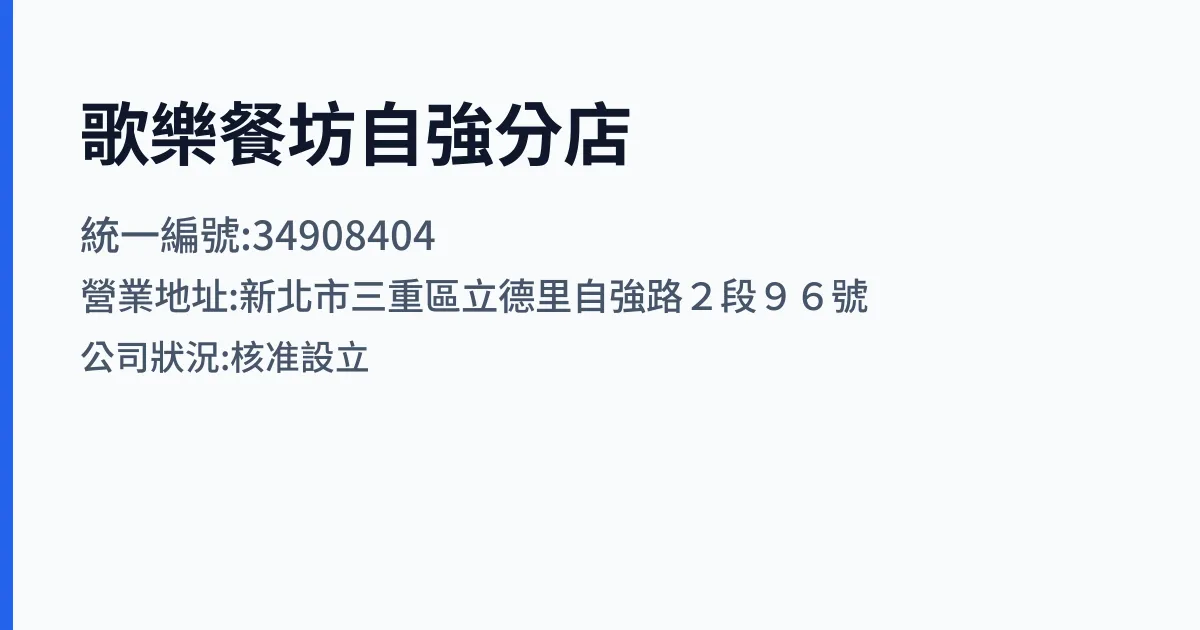 歌樂餐坊自強分店 - 統編 34908404(新北市) 公司登記資料與營業項目詳細圖表