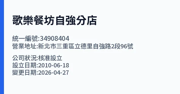 歌樂餐坊自強分店的照片-統編 34908404(新北市) 公司登記資料與營業項目詳細圖表