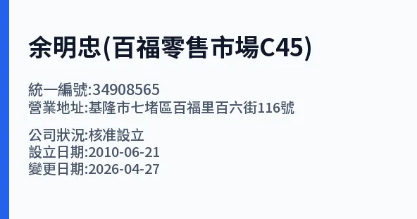 余明忠(百福零售市場C45)的照片-統編 34908565(基隆市) 公司登記資料與營業項目詳細圖表