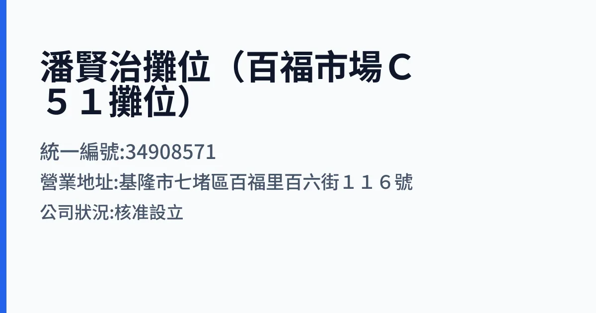 潘賢治攤位(百福市場C51攤位) - 統編 34908571(基隆市) 公司登記資料與營業項目詳細圖表