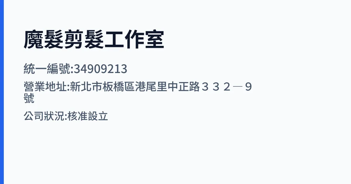 魔髮剪髮工作室 - 統編 34909213(新北市) 公司登記資料與營業項目詳細圖表