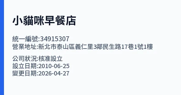 小貓咪早餐店的照片-統編 34915307(新北市) 公司登記資料與營業項目詳細圖表