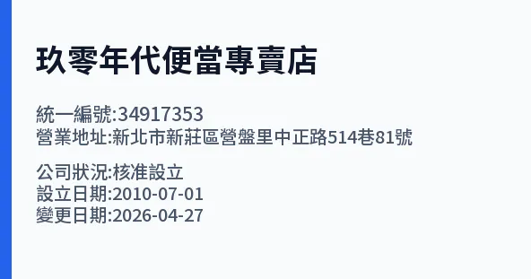玖零年代便當專賣店的照片-統編 34917353(新北市) 公司登記資料與營業項目詳細圖表