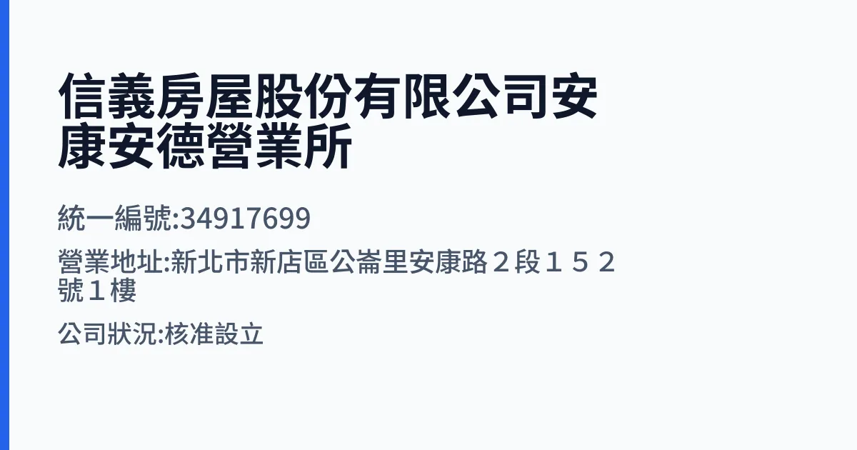 信義房屋股份有限公司安康安德營業所 - 統編 34917699(新北市) 公司登記資料與營業項目詳細圖表