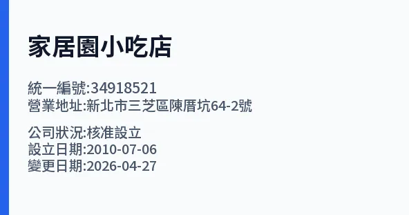 家居園小吃店的照片-統編 34918521(新北市) 公司登記資料與營業項目詳細圖表