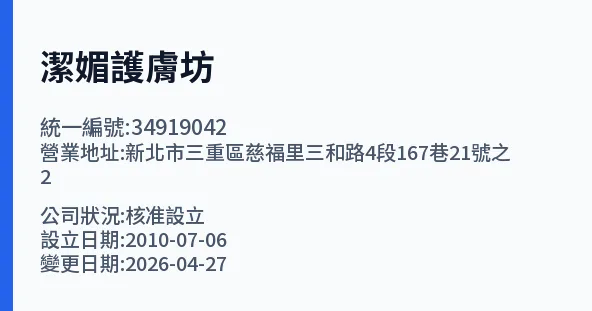 潔媚護膚坊的照片-統編 34919042(新北市) 公司登記資料與營業項目詳細圖表