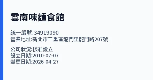 雲南味麵食館的照片-統編 34919090(新北市) 公司登記資料與營業項目詳細圖表
