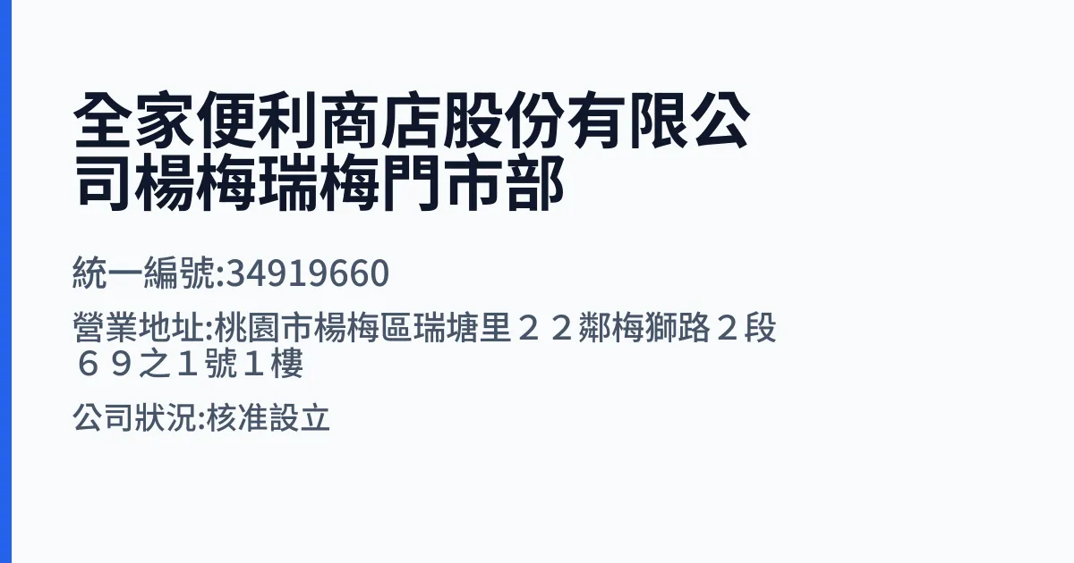 全家便利商店股份有限公司楊梅瑞梅門市部 - 統編 34919660(桃園市) 公司登記資料與營業項目詳細圖表