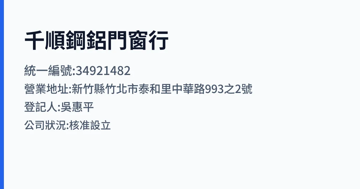 千順鋼鋁門窗行 - 統編 34921482(新竹市) 公司登記資料與營業項目詳細圖表