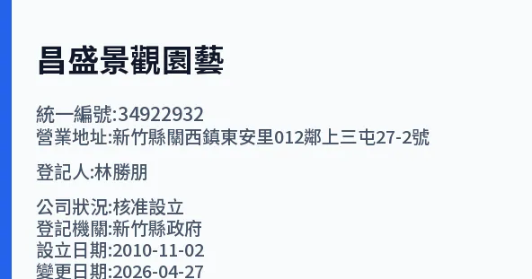 昌盛景觀園藝的照片-統編 34922932(新竹縣) 公司登記資料與營業項目詳細圖表